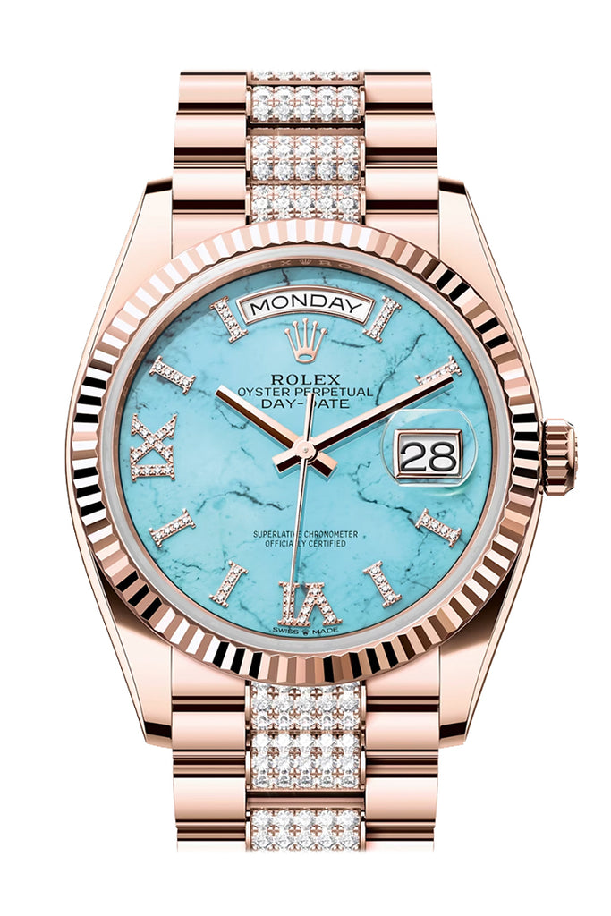 Rolex Day-Date 36 Turquoise Diamond Dial Fluted Bezel 18K Everose gold ...
